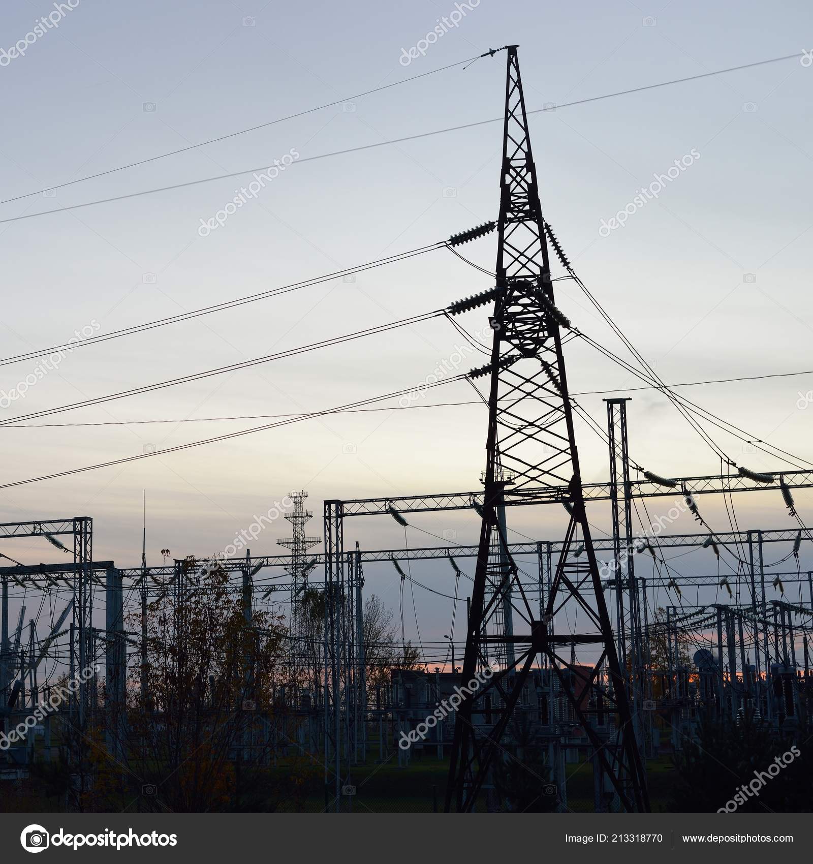 Electrical Distribution Grid Electric Power Pylons Sky Sunset Stock ...