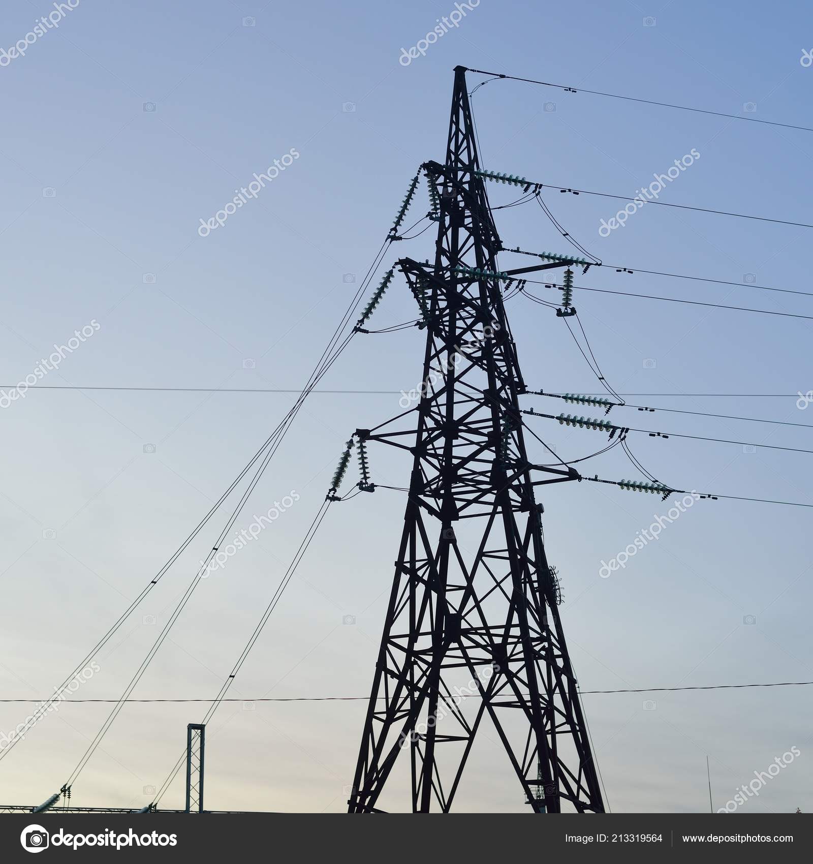 Electrical Distribution Grid Electric Power Pylons Sky Sunset — Stock ...