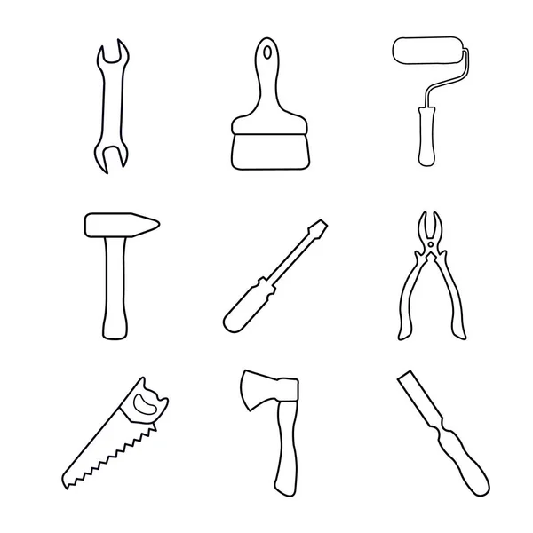 Set of simple icons of tools drawing with black lines on white ...