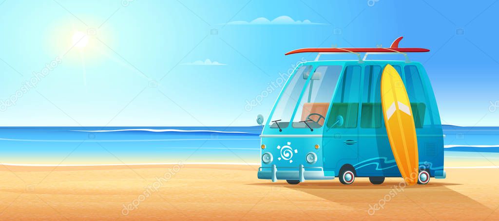 Autobús de surf en la playa. Verano surfista vacaciones vector de ...