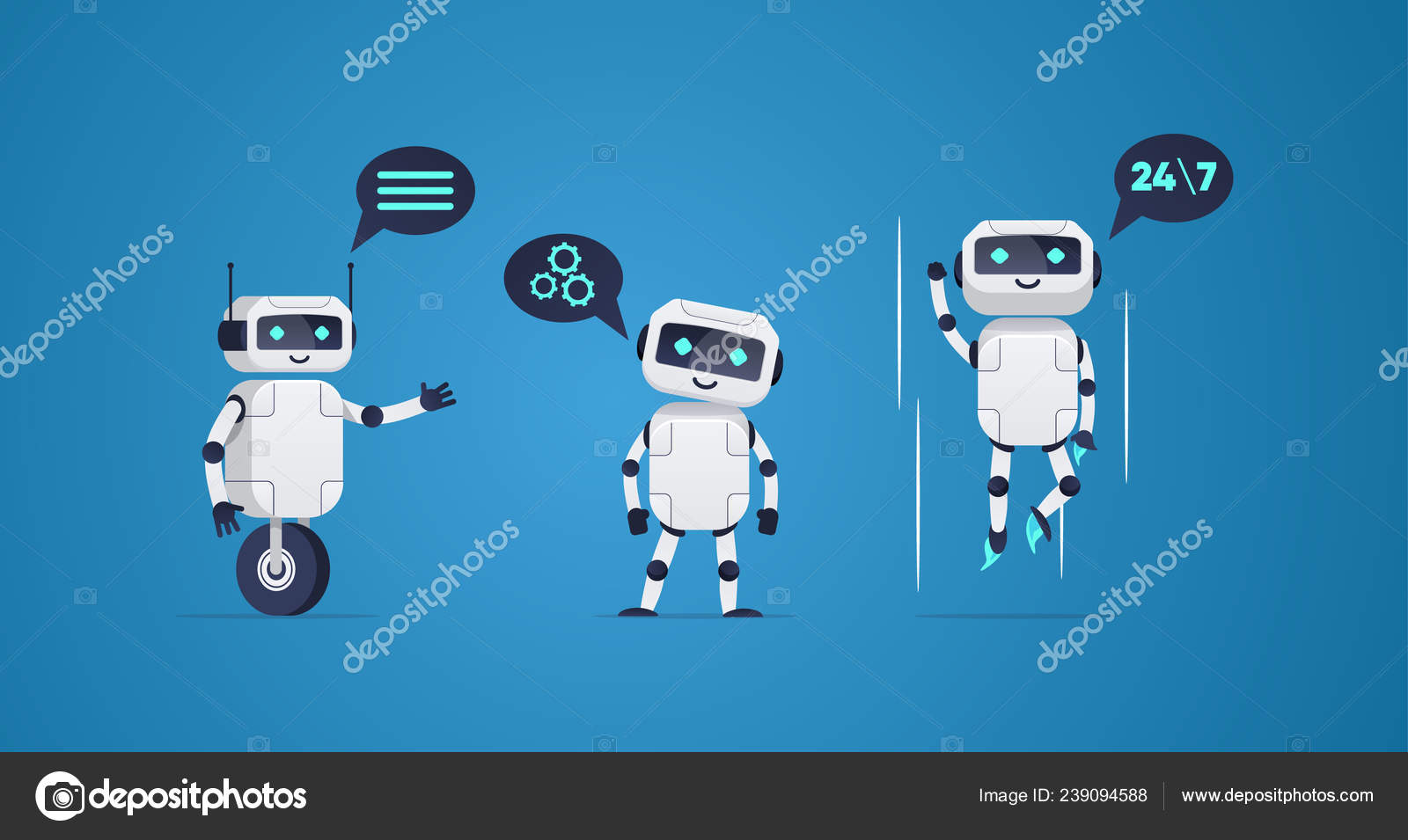 Cartoon Flat Helper Robots Conjunto Personagens Bate Papo Amigável ...