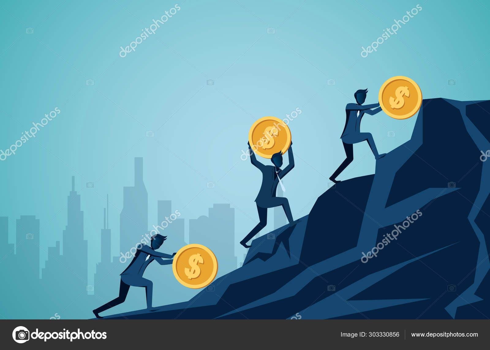 Businessman competing rolling and push icon dollar coin uphill on the ...