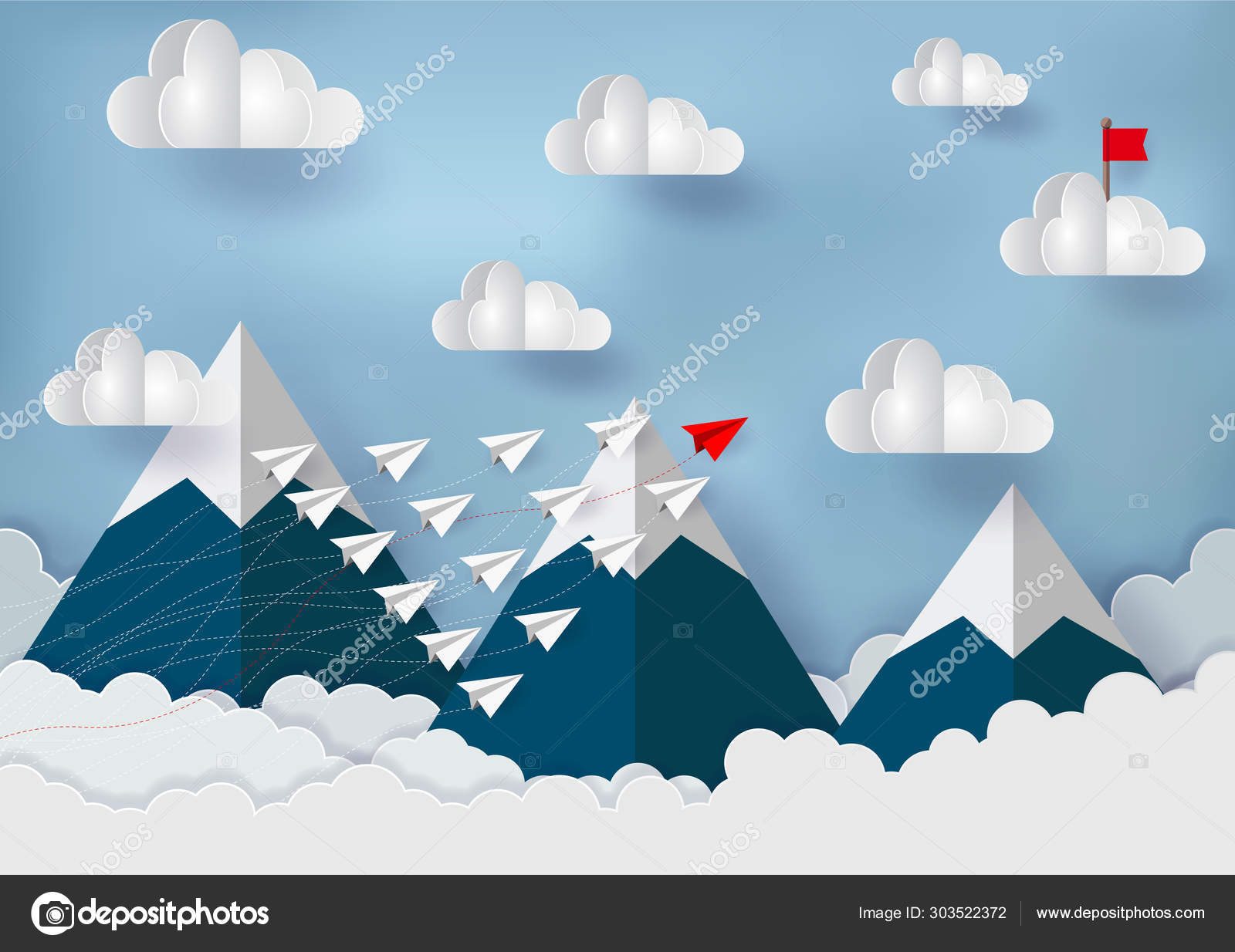 Paper plane is competing with the destination through the mountains to ...