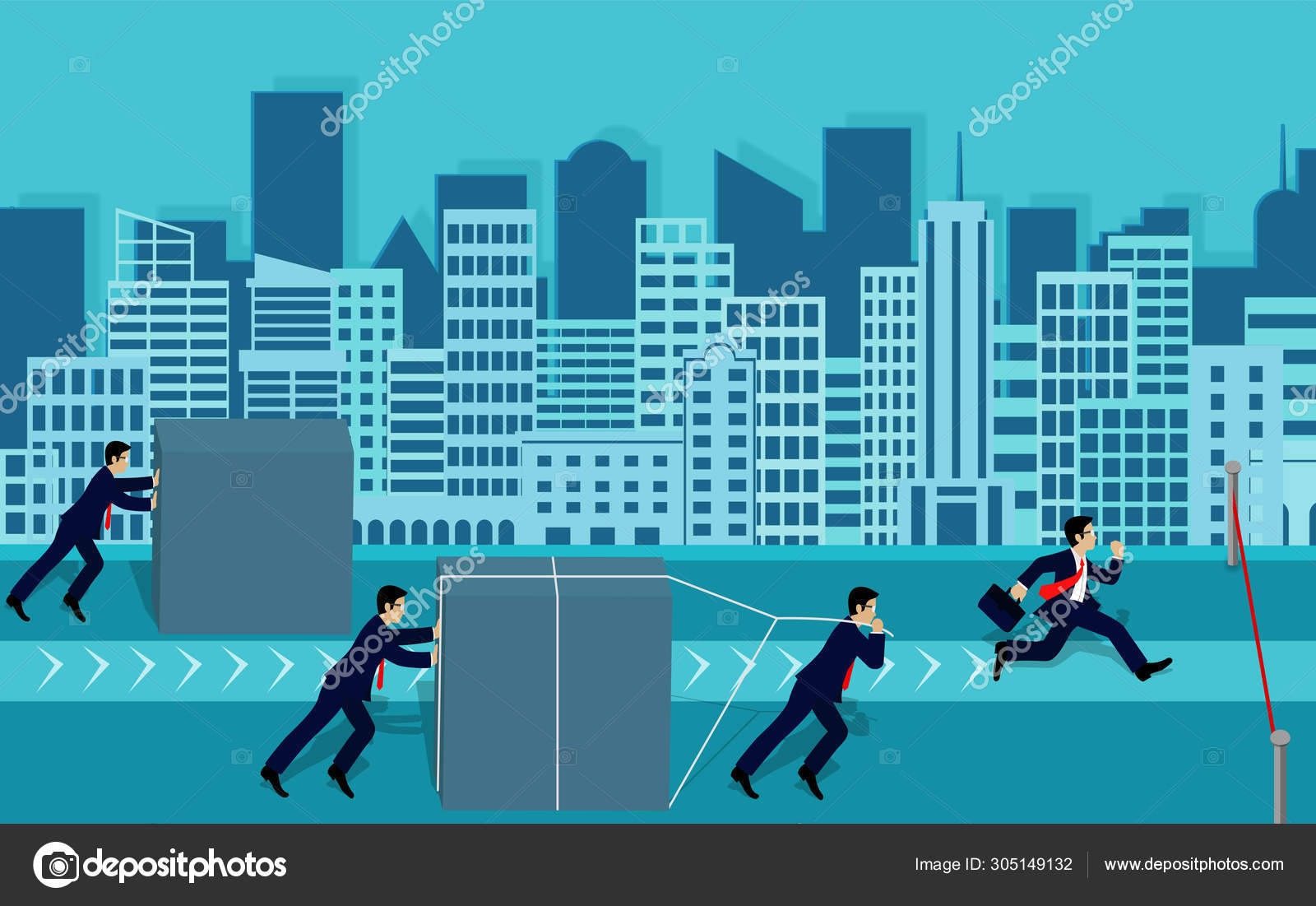 Businessman competition push the obstacle and run go to the finish line ...