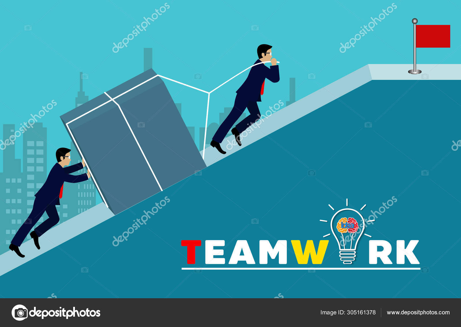 Teamwork concept. Businessmen help push the barriers up the ramp go To the goal of financial ...