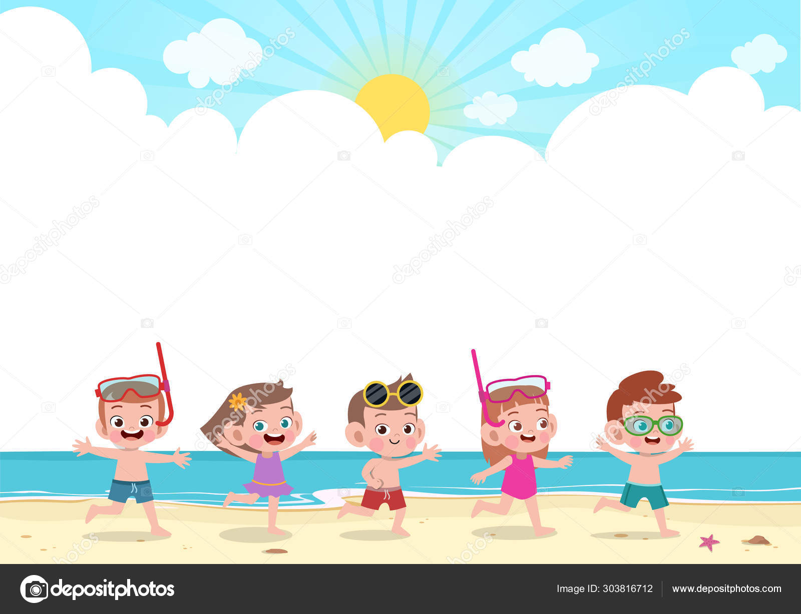 Crianças felizes brincam na praia ilustração vetorial Stock Vector by ...