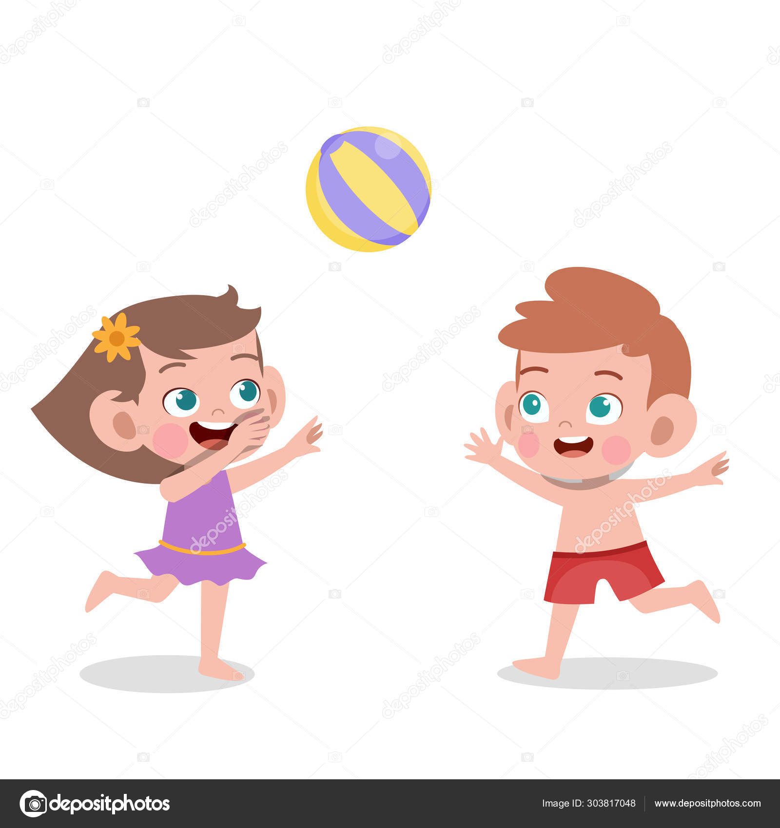 孩子们玩沙滩排球矢量插图 图库矢量图©colorfuelstudio 303817048