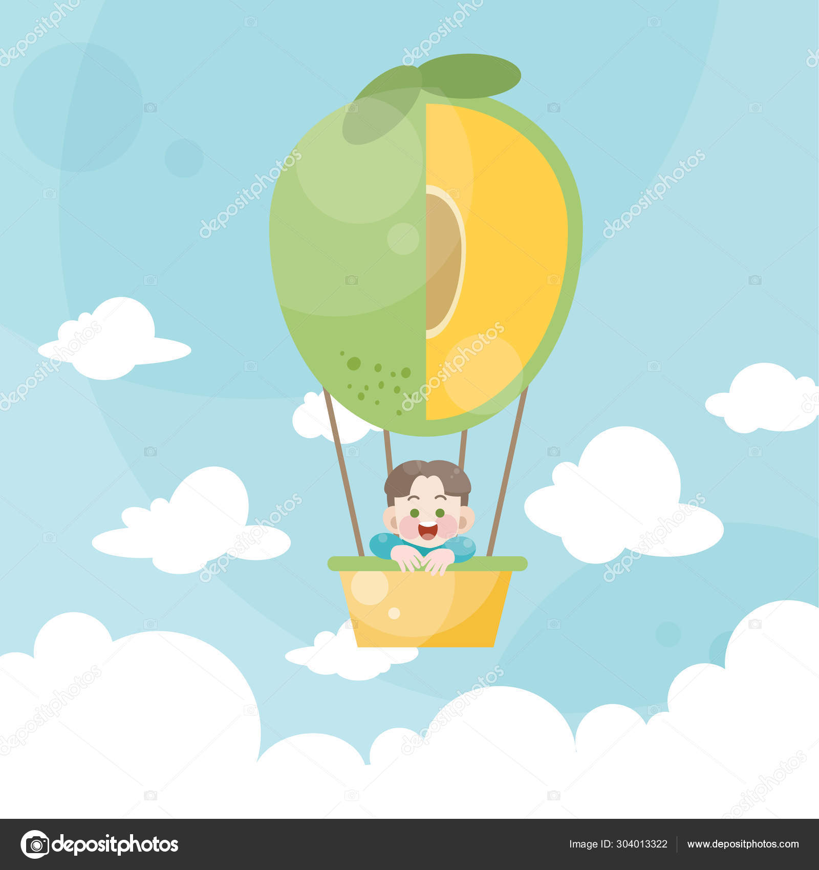 Cartoon kids riding a hot air balloon fruit happy children mango fruit ...