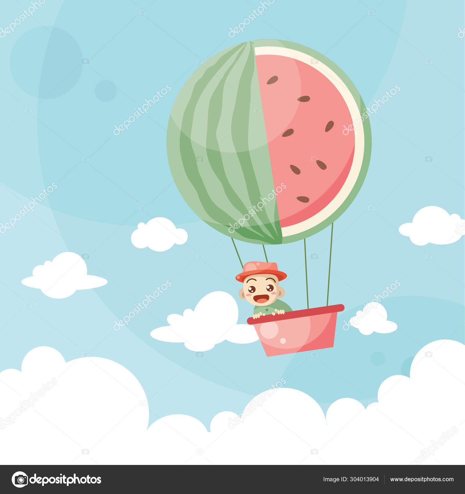 Cartoon kids riding a hot air balloon fruit happy children avocado ...