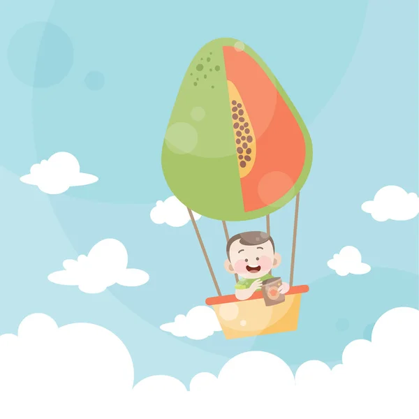 Cartoon kids riding a hot air balloon fruit happy children avocado ...