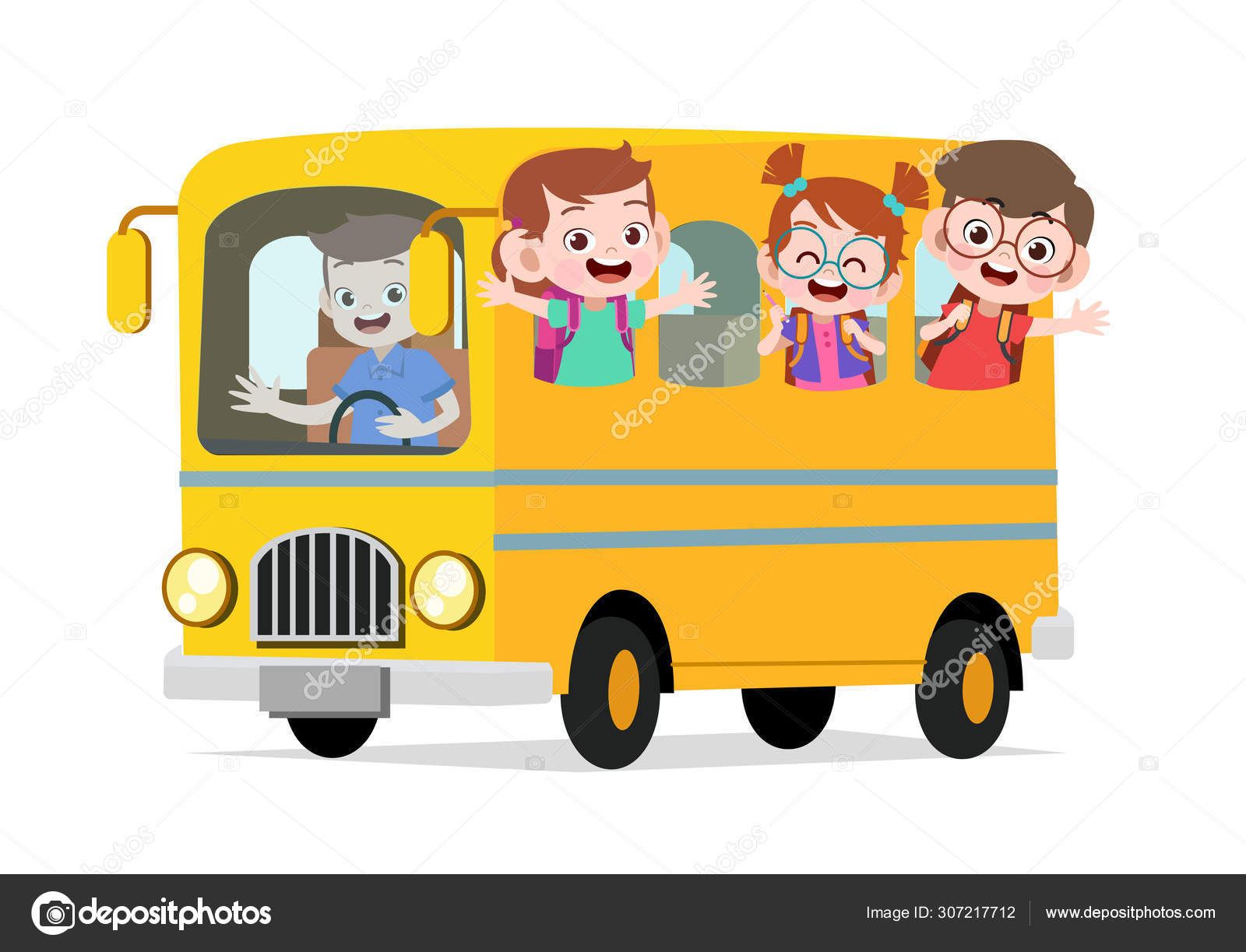 Feliz lindo niños paseo autobús a la escuela Vector de stock #307217712 ...