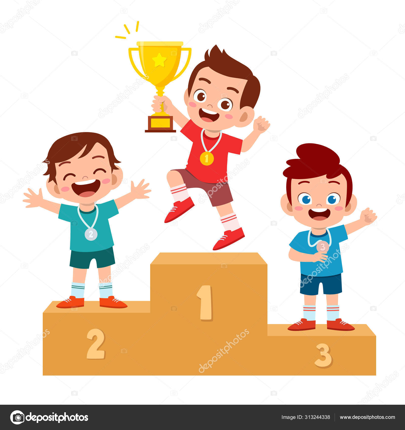 Feliz lindo niño ganar juego trofeo de oro Vector de stock por ...