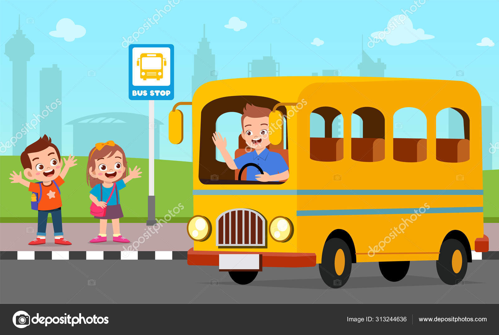 Happy cute kids wait school bus with friends Stock Vector by ...