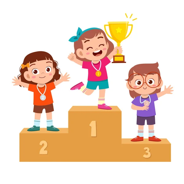 Vectores de Un niño feliz de dibujos animados sobre un podio con una ...