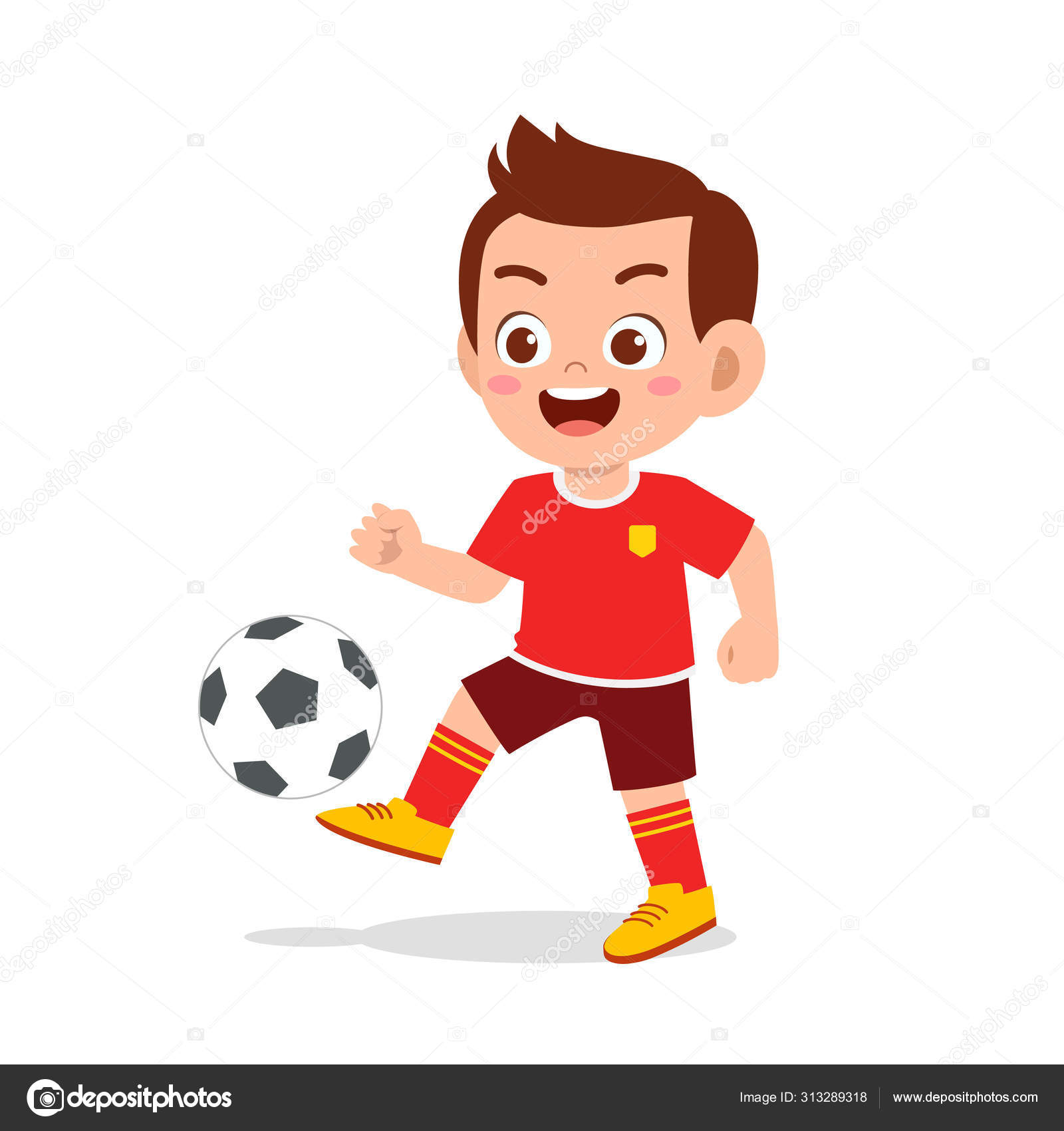 Lindo niño jugar fútbol como delantero Vector de stock #313289318 de ©colorfuelstudio