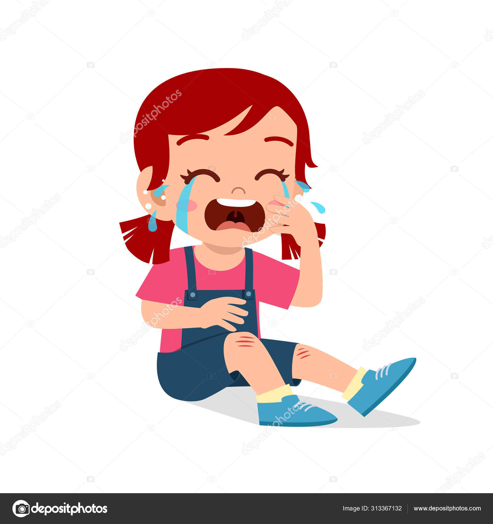 Sad cry cute kid girl knee hurt bleed Stock Illustration by ...