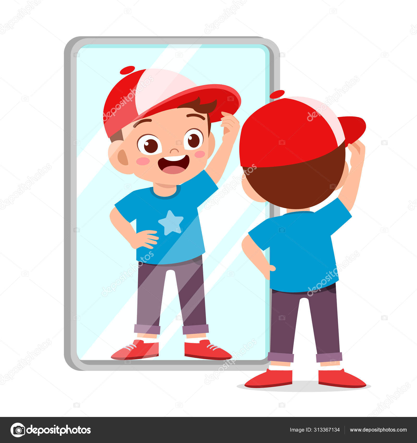 Niño lindo feliz uso espejo en la mañana Vector de stock #313367134 de ...