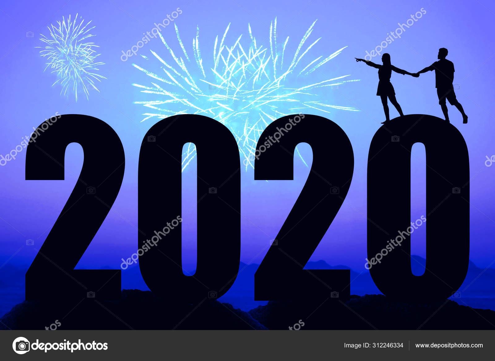 Blue night with fireworks and new year 2020 and pointing couple — Stock ...