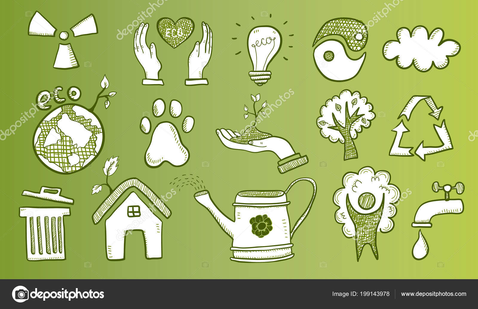 Conjunto Dibujo Mano Blanco Símbolos Ecológicos Sobre Fondo Verde ...