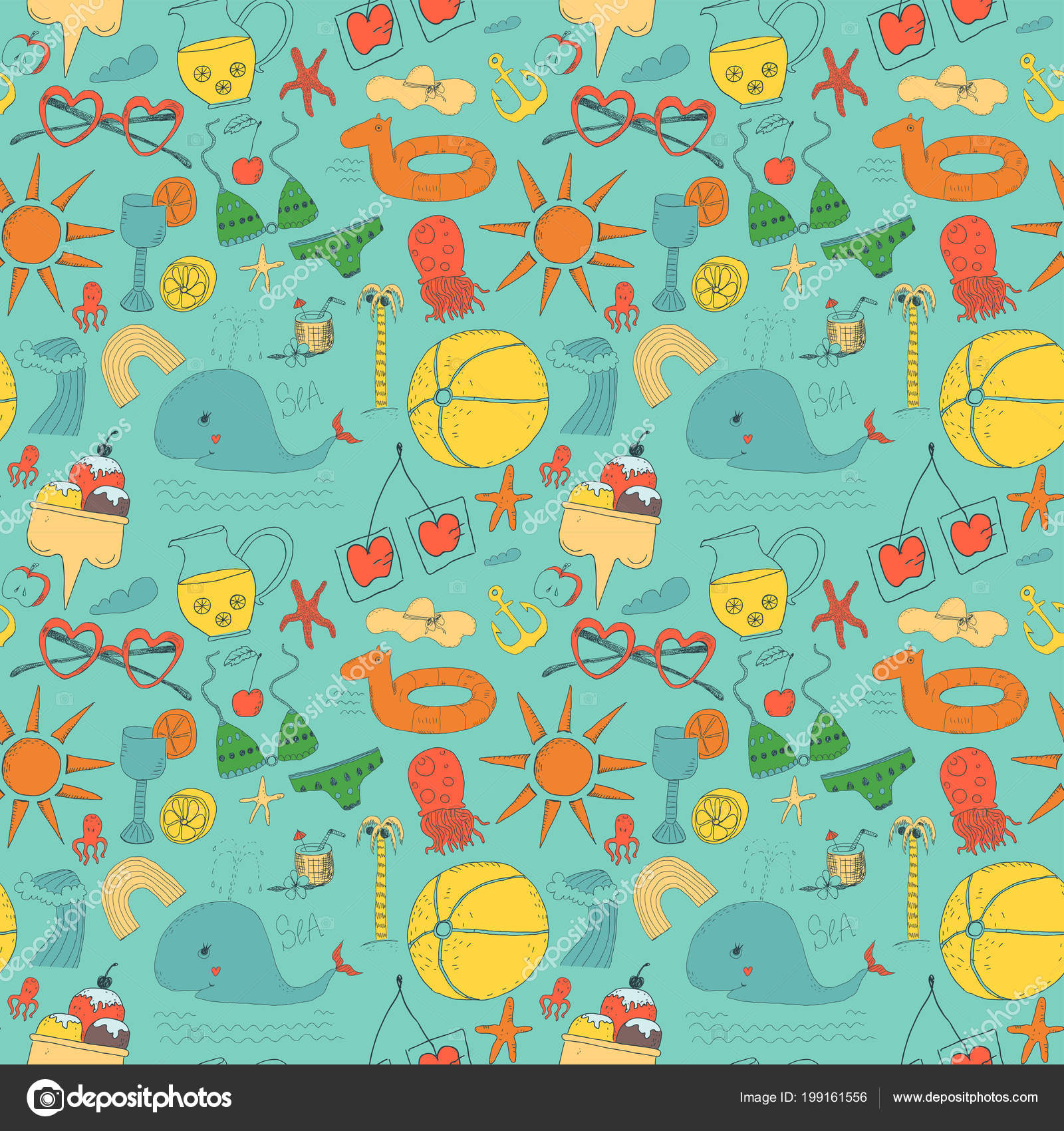 Cartoon Style Colorful Elements Beach Rest Mint Background Stock ...