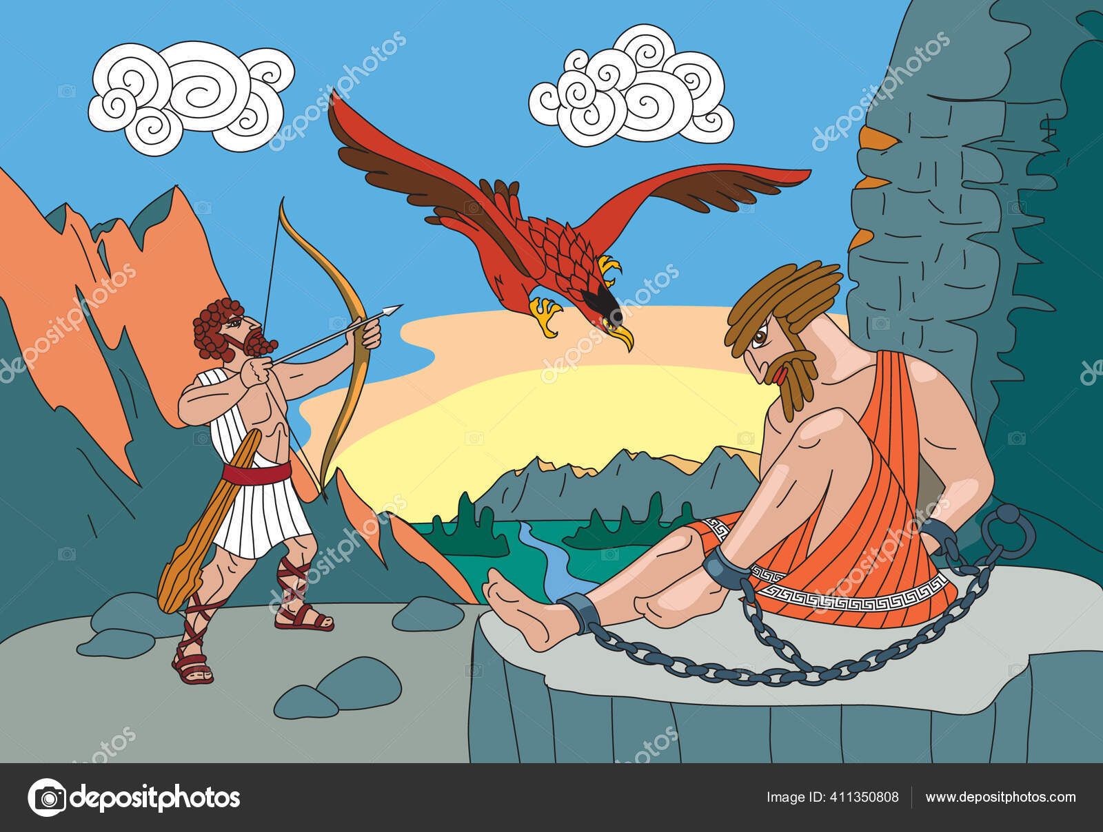 Gods Olympus Hercules Kills Eagle Bites Liver Prometheus Chained Rock ...