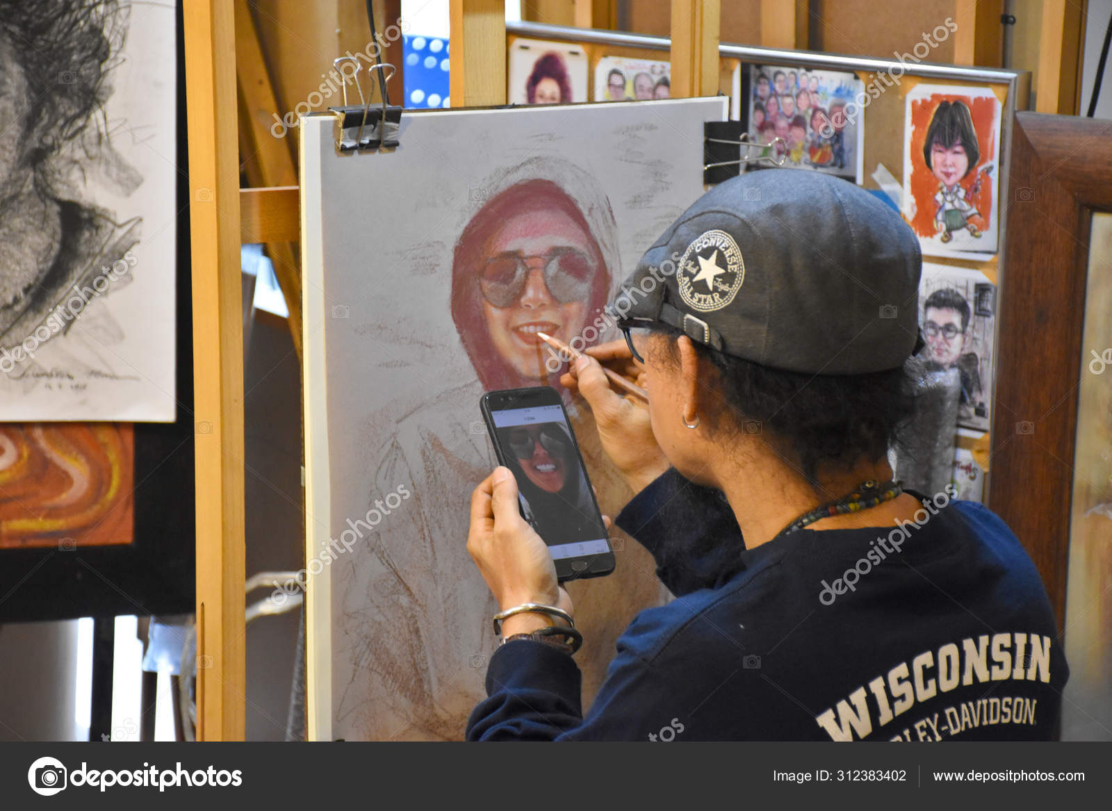 Bangkok Thailand 2019 Thai Artist Drawing Realistic Portrait Colored ...