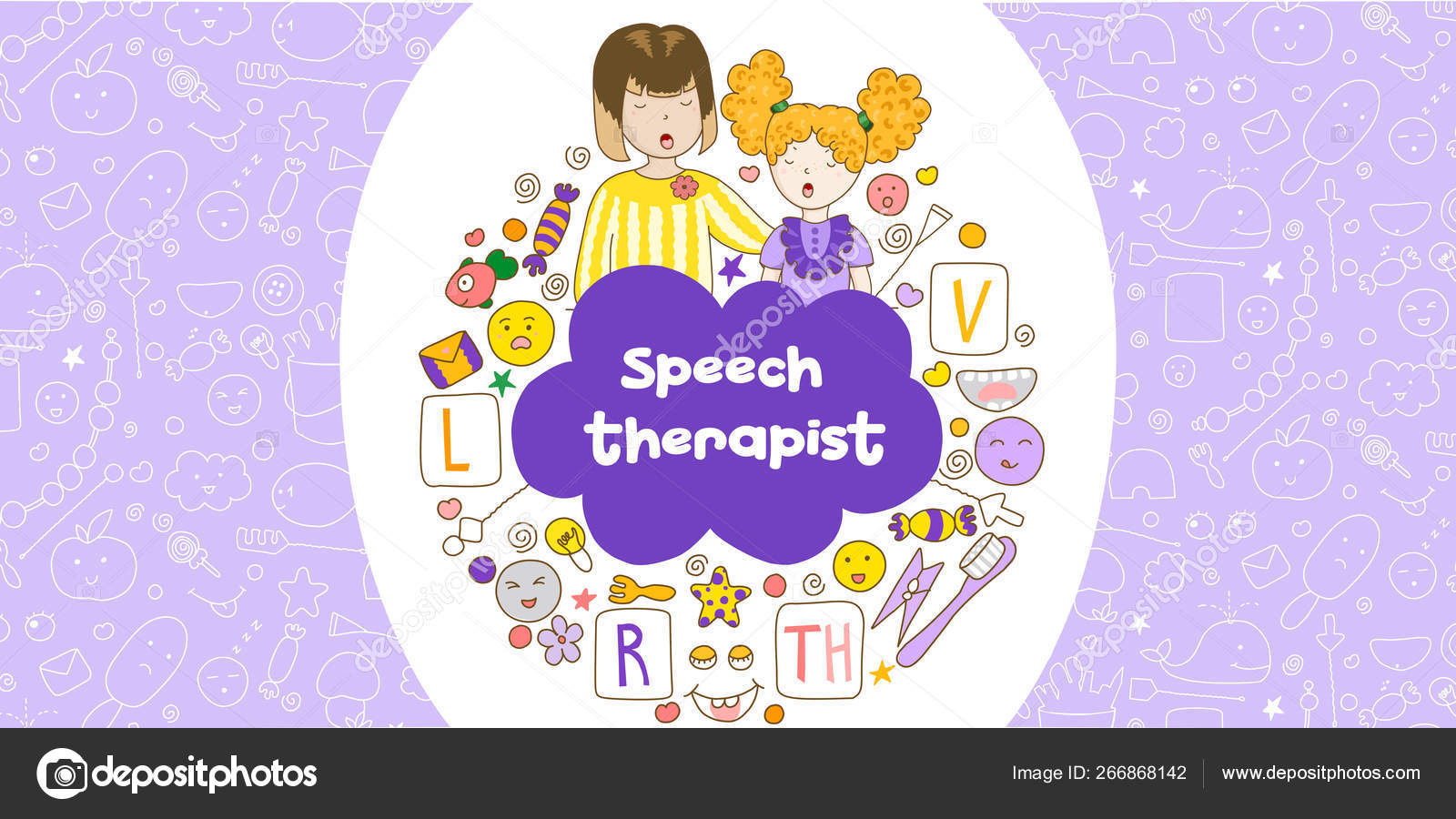 Concept presentation speech therapy. Cute childrens drawings icons in ...