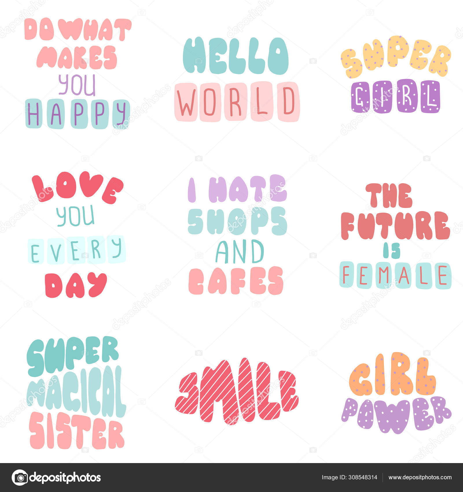 Lettering typography girl overlay set. Motivational quote. Cute ...