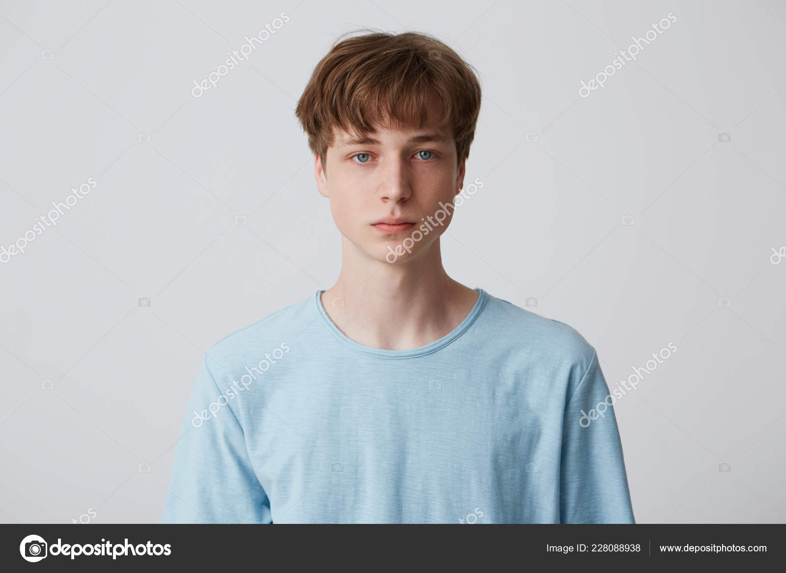 Close Face Young Man Emotions Beautiful Emotionless Guy Blue Shirt ...
