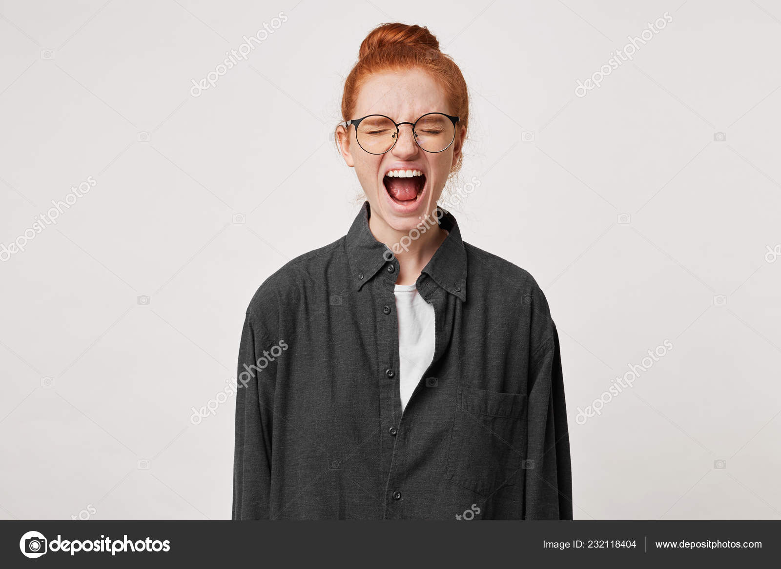 Close Scared Red Haired Girl Feels Frightened Afraid Mouth Wide — Stock ...