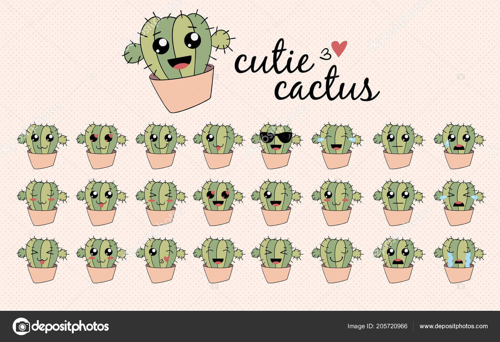 Cactus Cute Emoticons Set Different Emotions Flat Cartoon Character ...