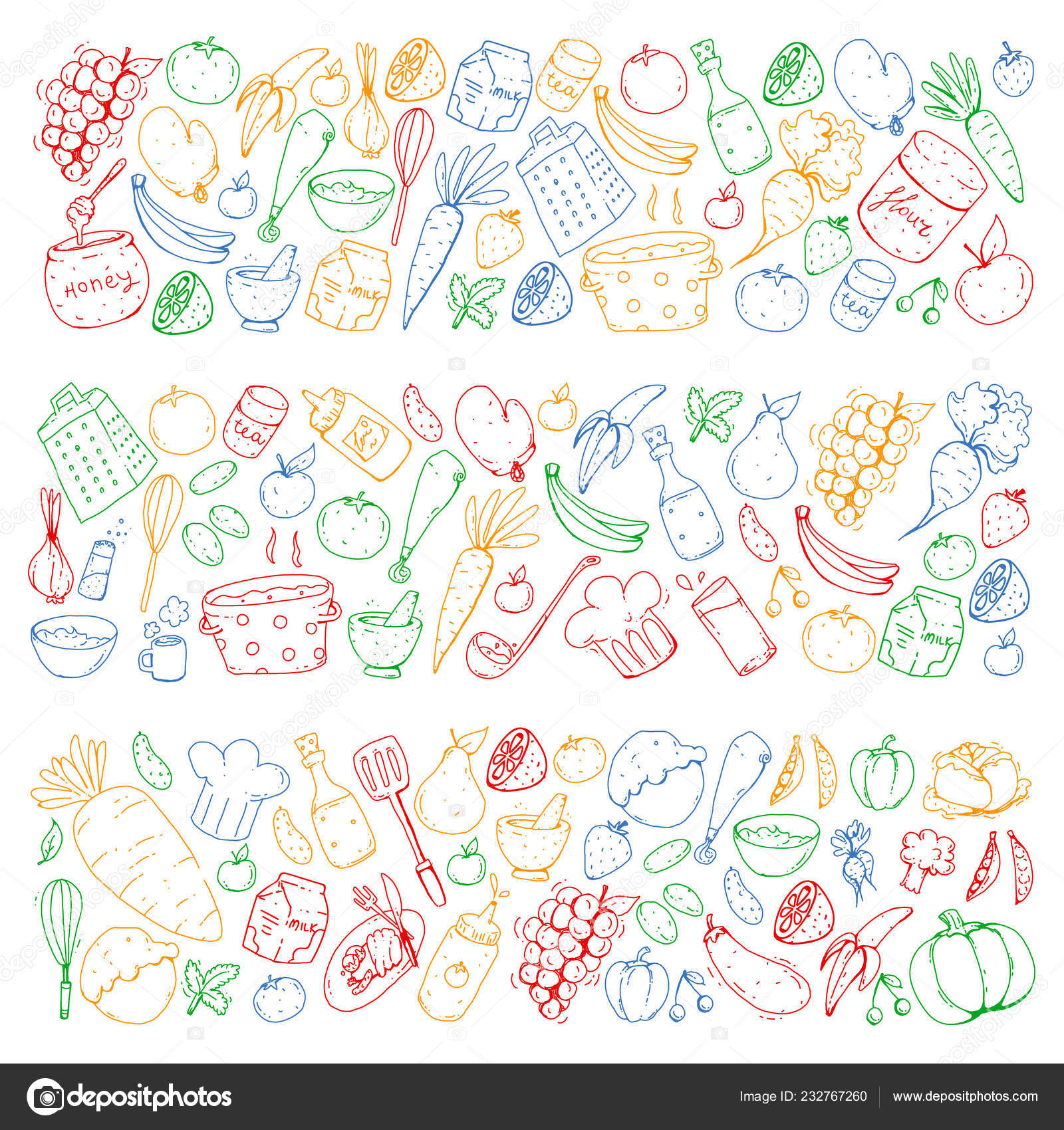Kitchen and cooking seamless pattern. Icons of food and drinks ...