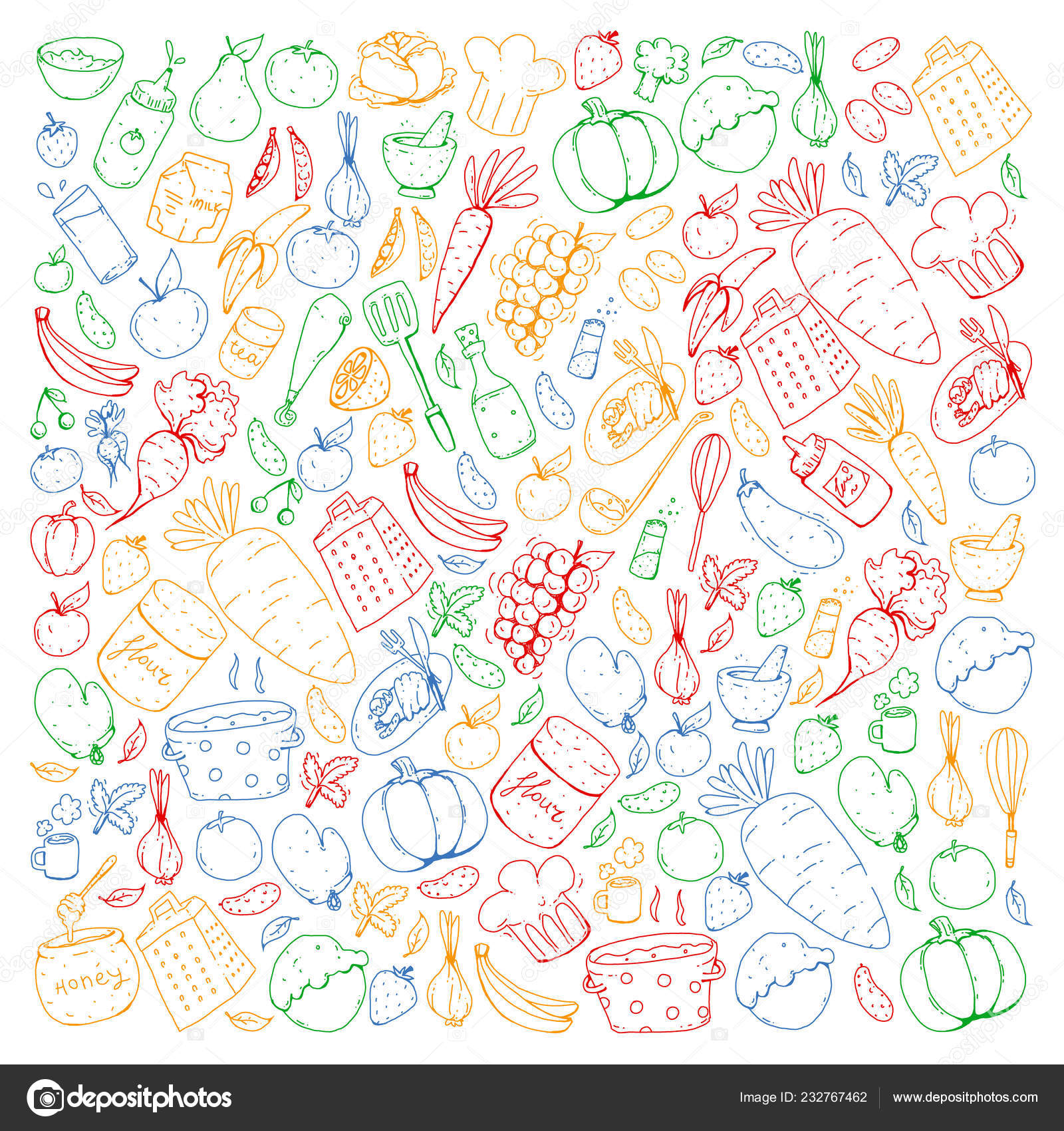 Kitchen and cooking seamless pattern. Icons of food and drinks ...