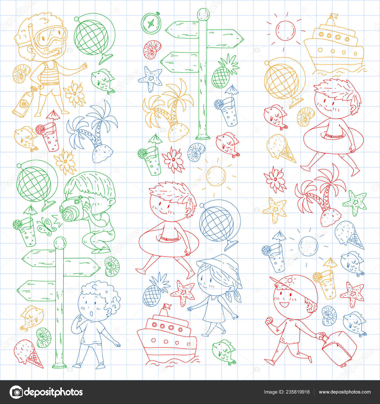 Happy children playing at seashore, beach, sea, ocean. Kids vacation ...