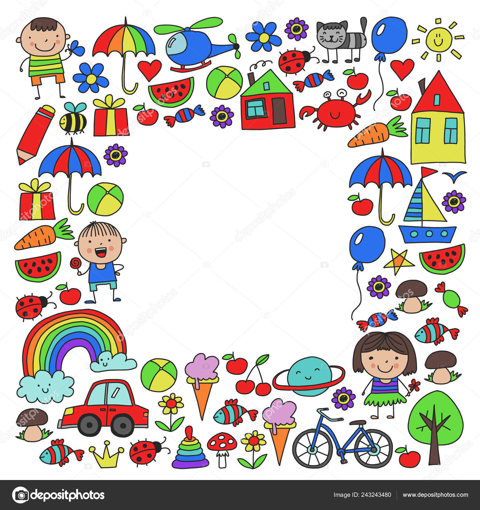 Kindergarten pattern with cute children and toys. Kids drawing style ...