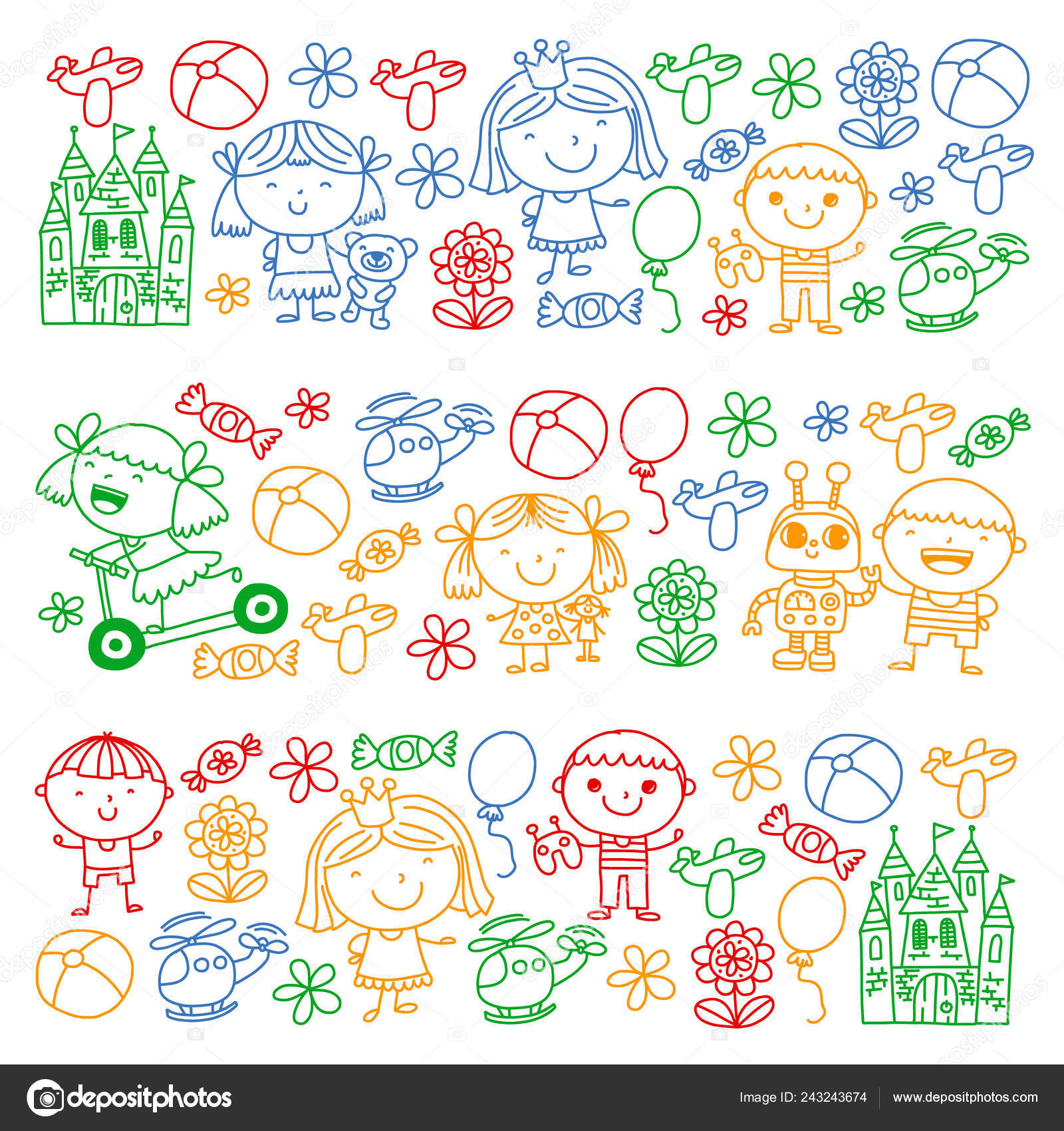 Children with toys. Colorful pattern for kindergarten posters. Stock ...
