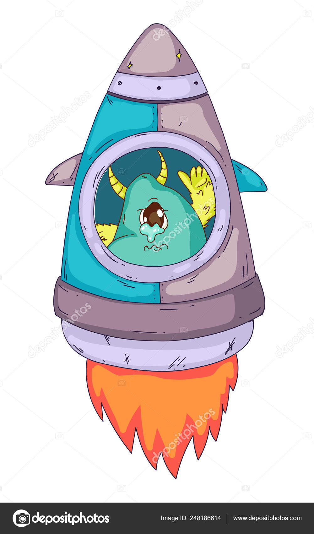 Space aliens, monster with spaceship, rocket. Cartoon character for ...