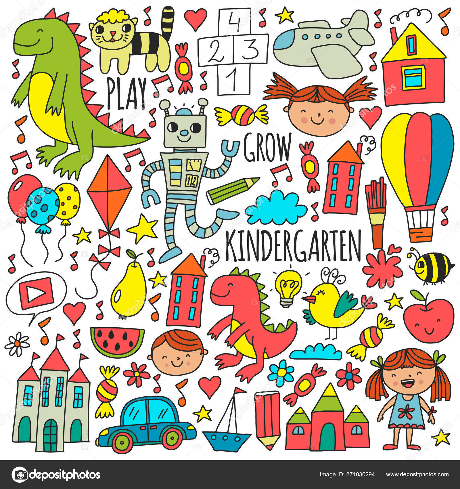 Kindergarten preschool school children. Kids drawing style vector ...