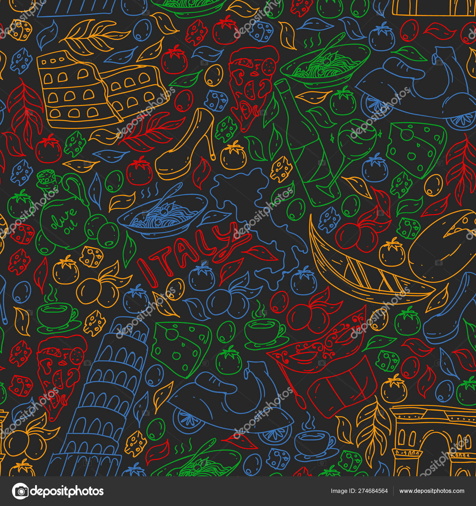 Italy vector elements and icons. Doodle pattern with italian culture ...