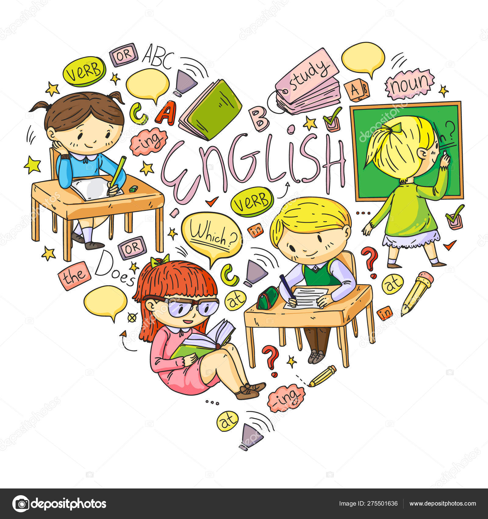 English school for children. Learn language. Education vector illustration. Kids drawing doodle ...