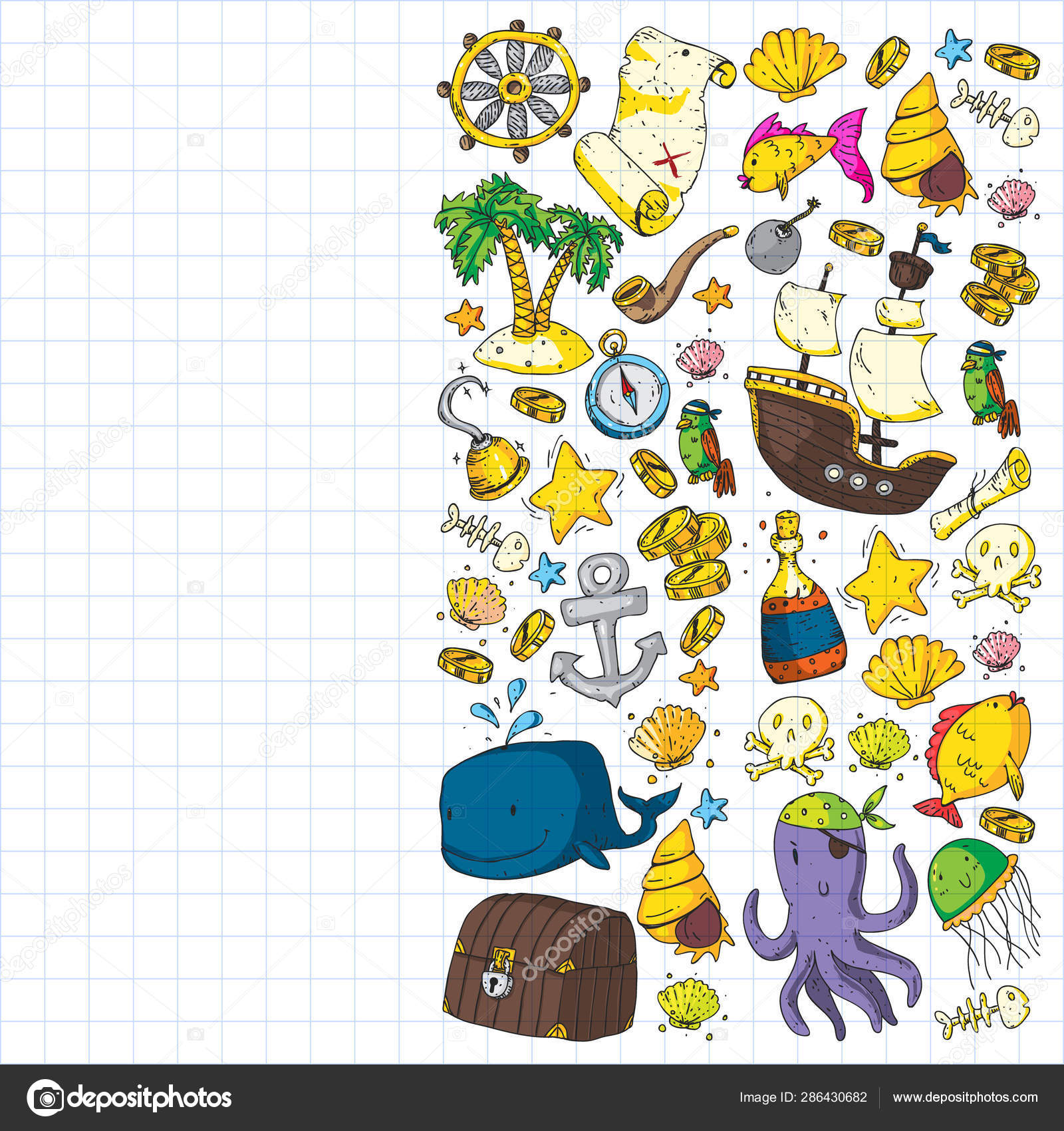 Ocean and sea for children. Pattern for boys. Pirate party. Cute fishes ...