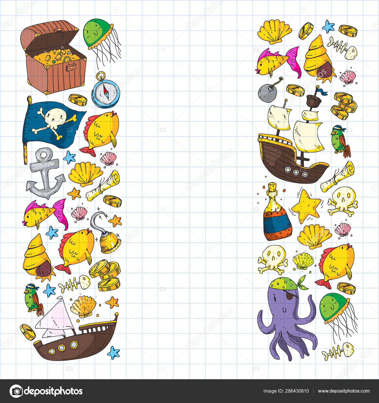 Ocean and sea for children. Pattern for boys. Pirate party. Cute fishes ...