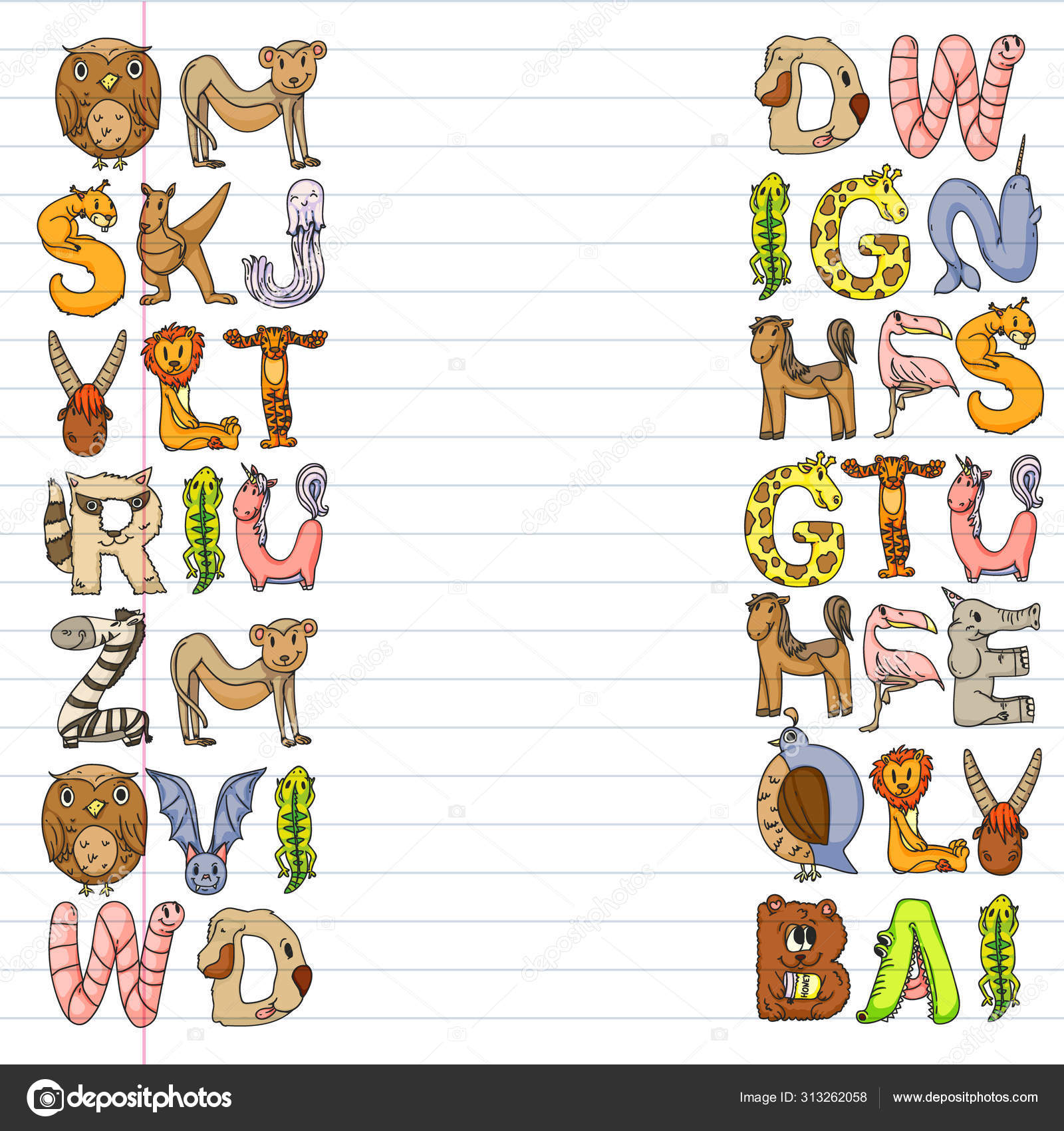 Animal alphabet. Zoo alphabet. Letters from A to Z. Cartoon cute animals. Elephant, dog ...