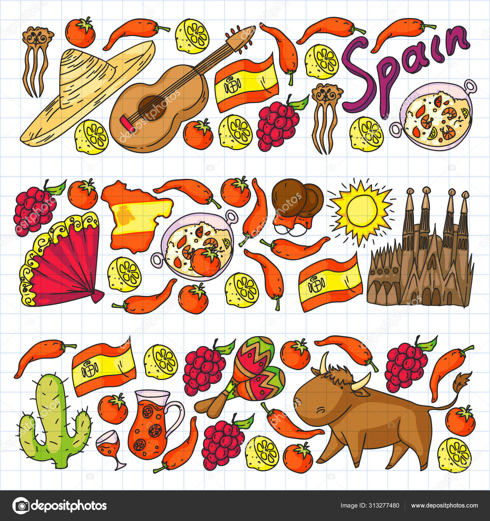 Spanish Culture Symbols Spain Culture Symbols Icons Set Pixel Stock