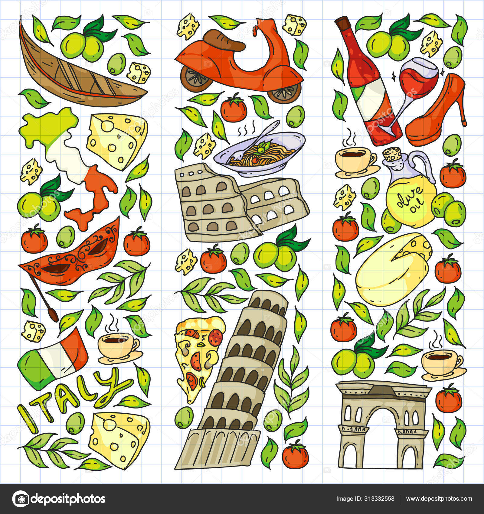 Italy vector elements and icons. Doodle pattern with italian culture ...