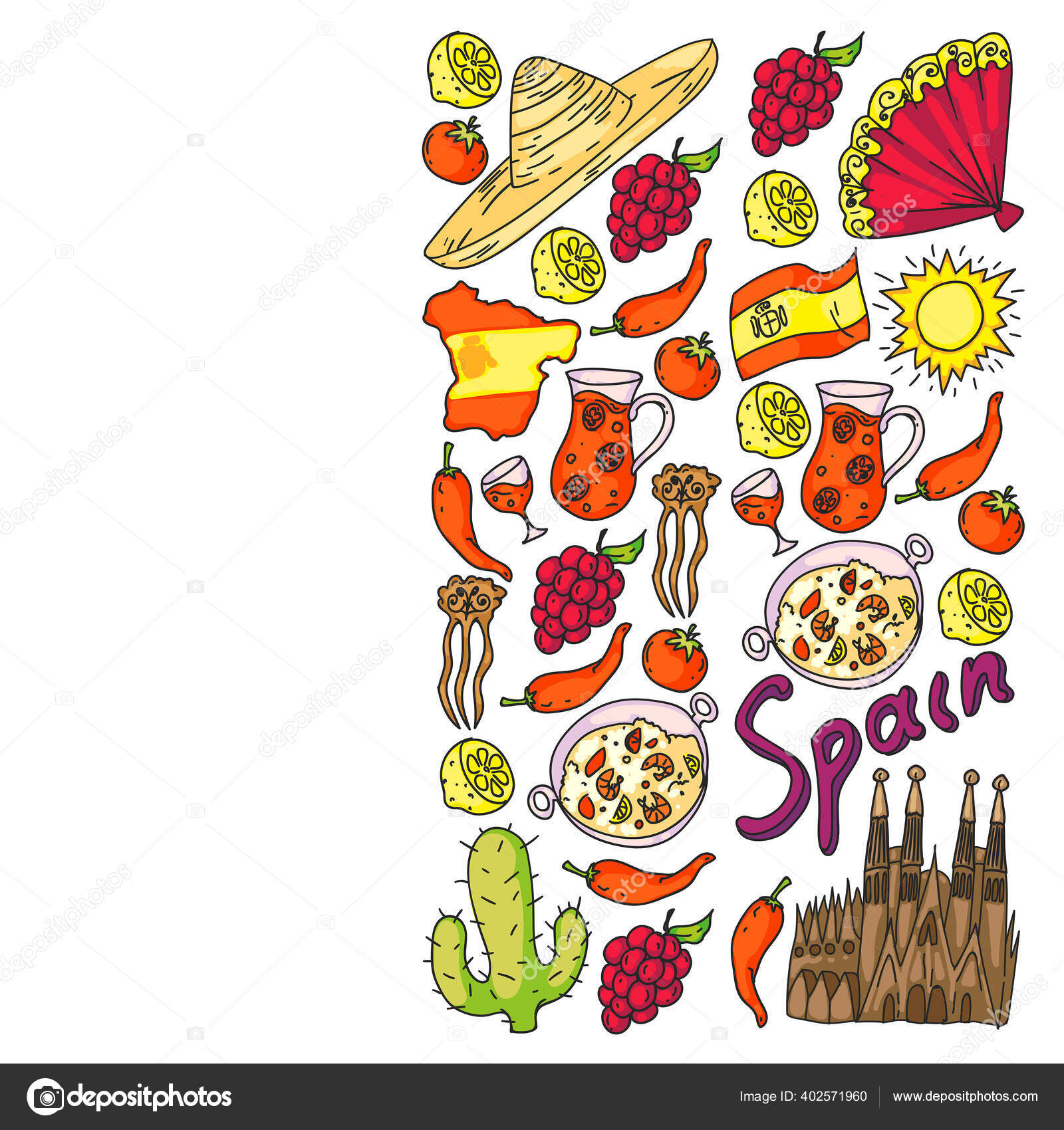 Spain vector icons. Hand drawn set with spanish food paella, shrimps ...