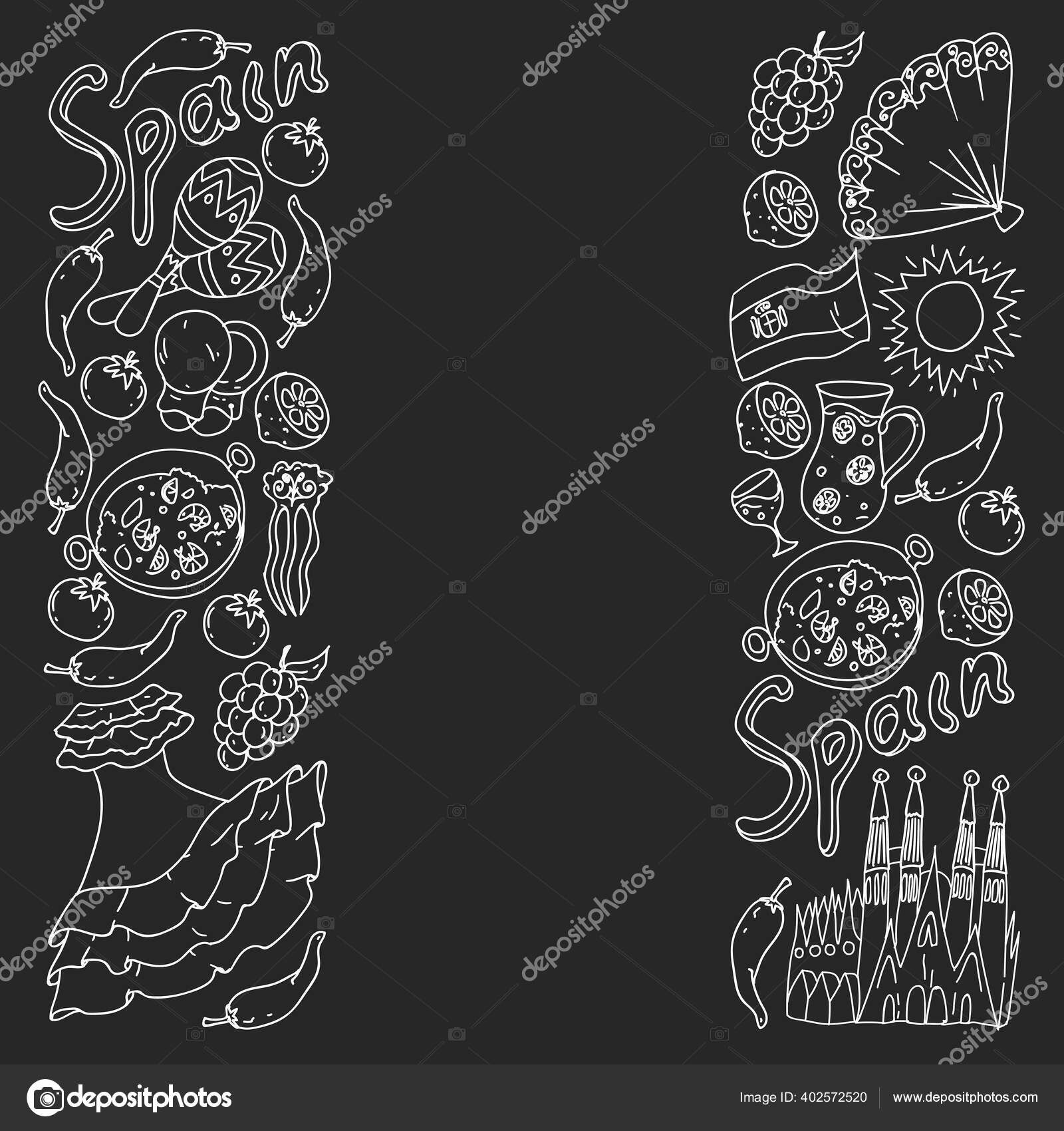 Spain vector icons. Hand drawn set with spanish food paella, shrimps ...