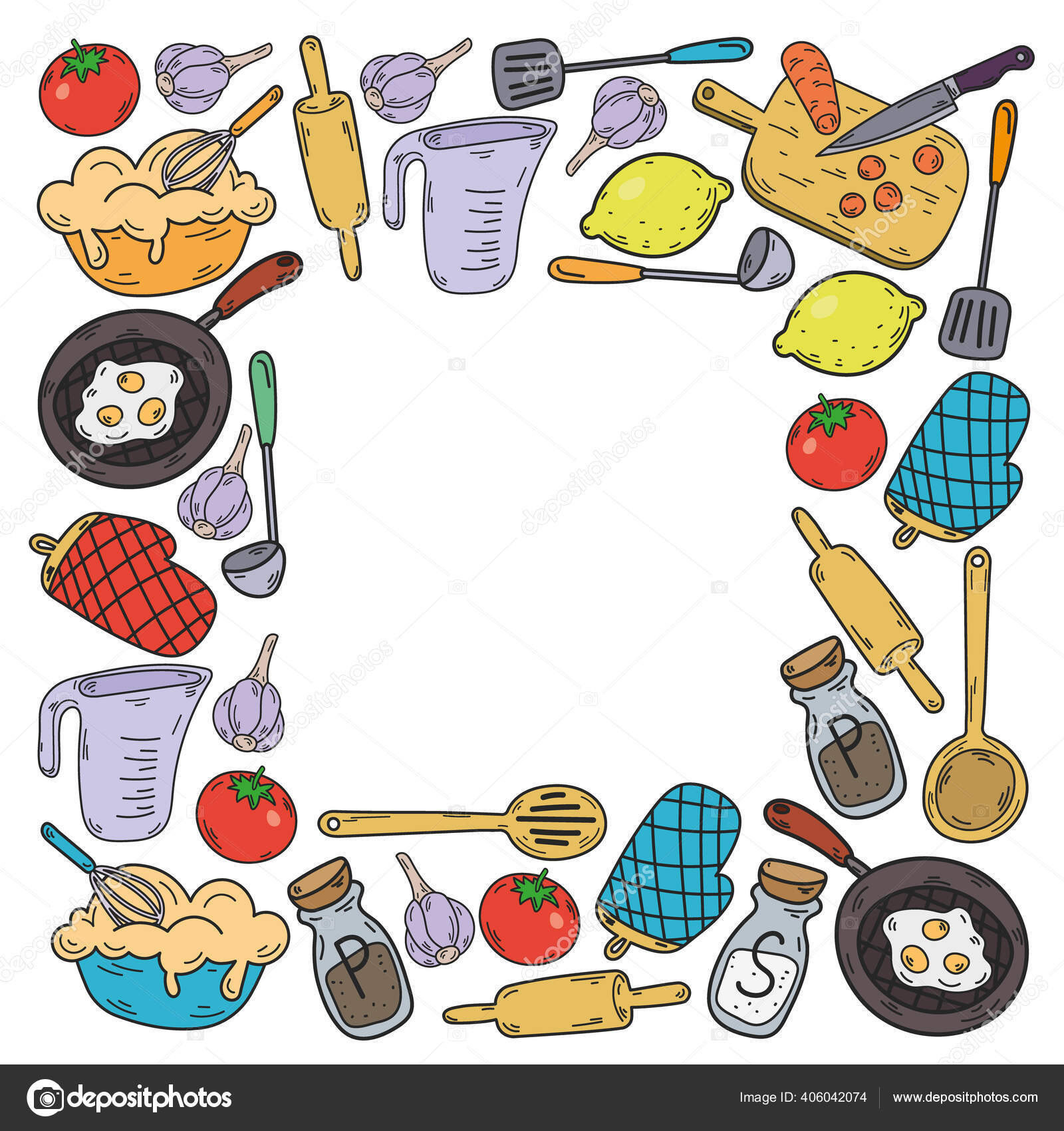 Vector sketch background with kitchen utensils, vegetables, cooking ...