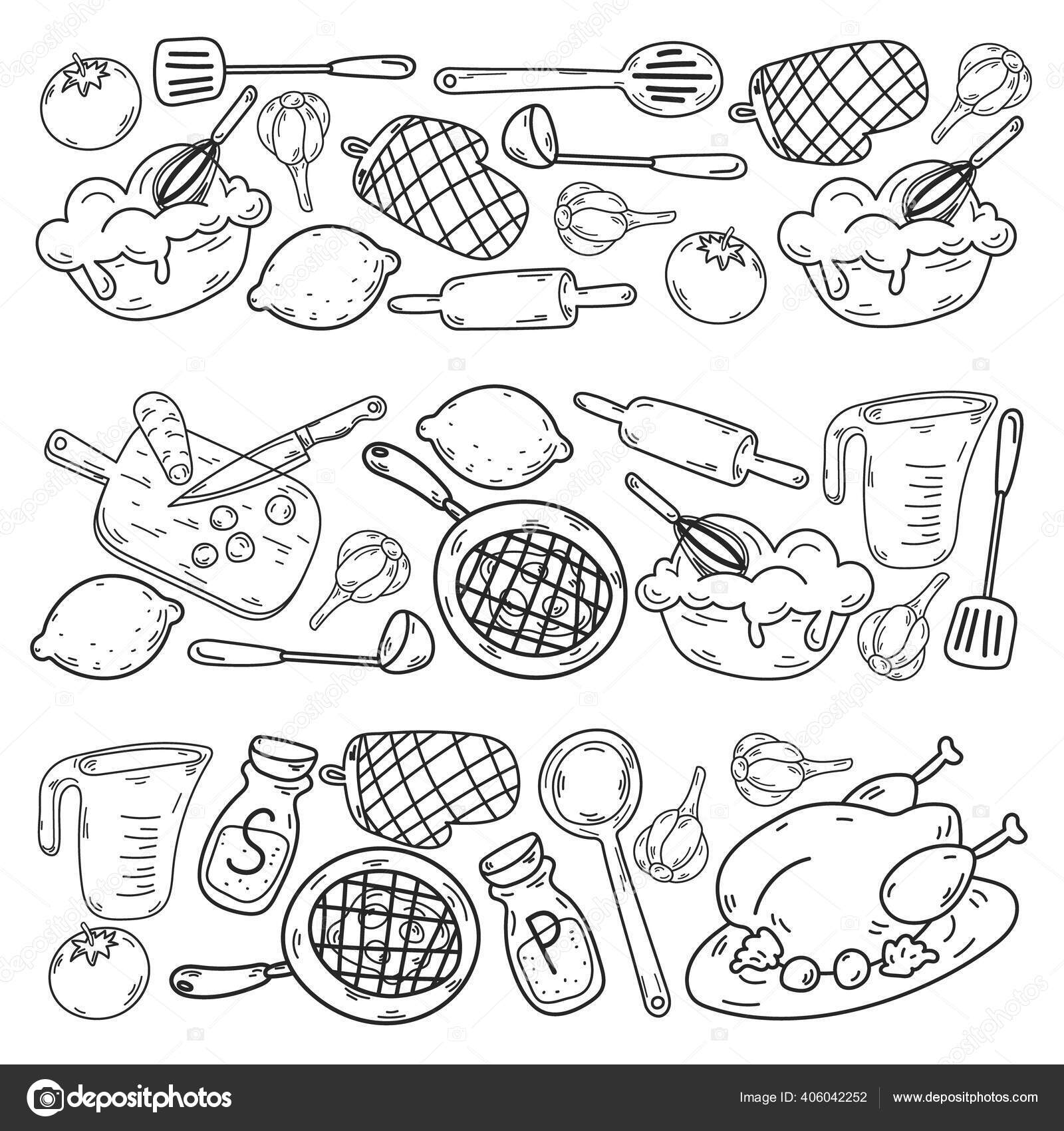 Vector sketch background with kitchen utensils, vegetables, cooking ...