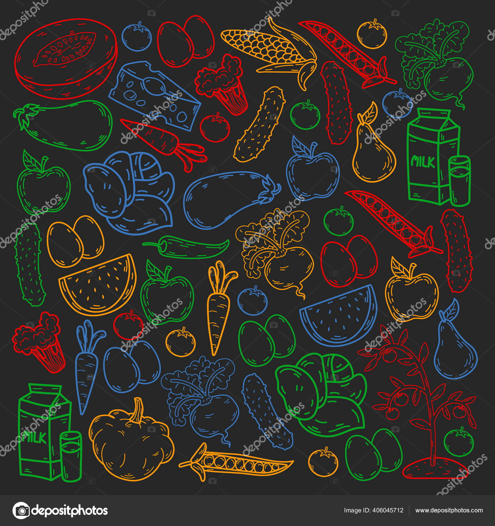 Vector pattern. Healthy eco organic food. Vegetables, fruits, dairy ...